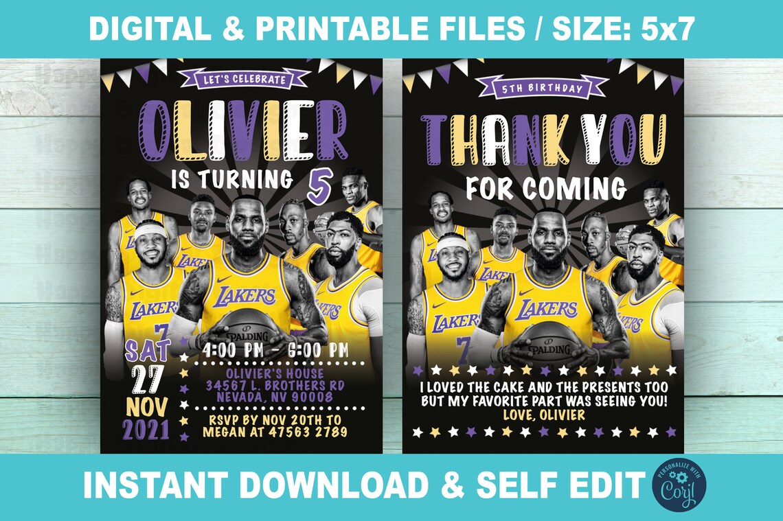 Lakers Invitation for Birthday Party Los Angeles Self Edit - Etsy