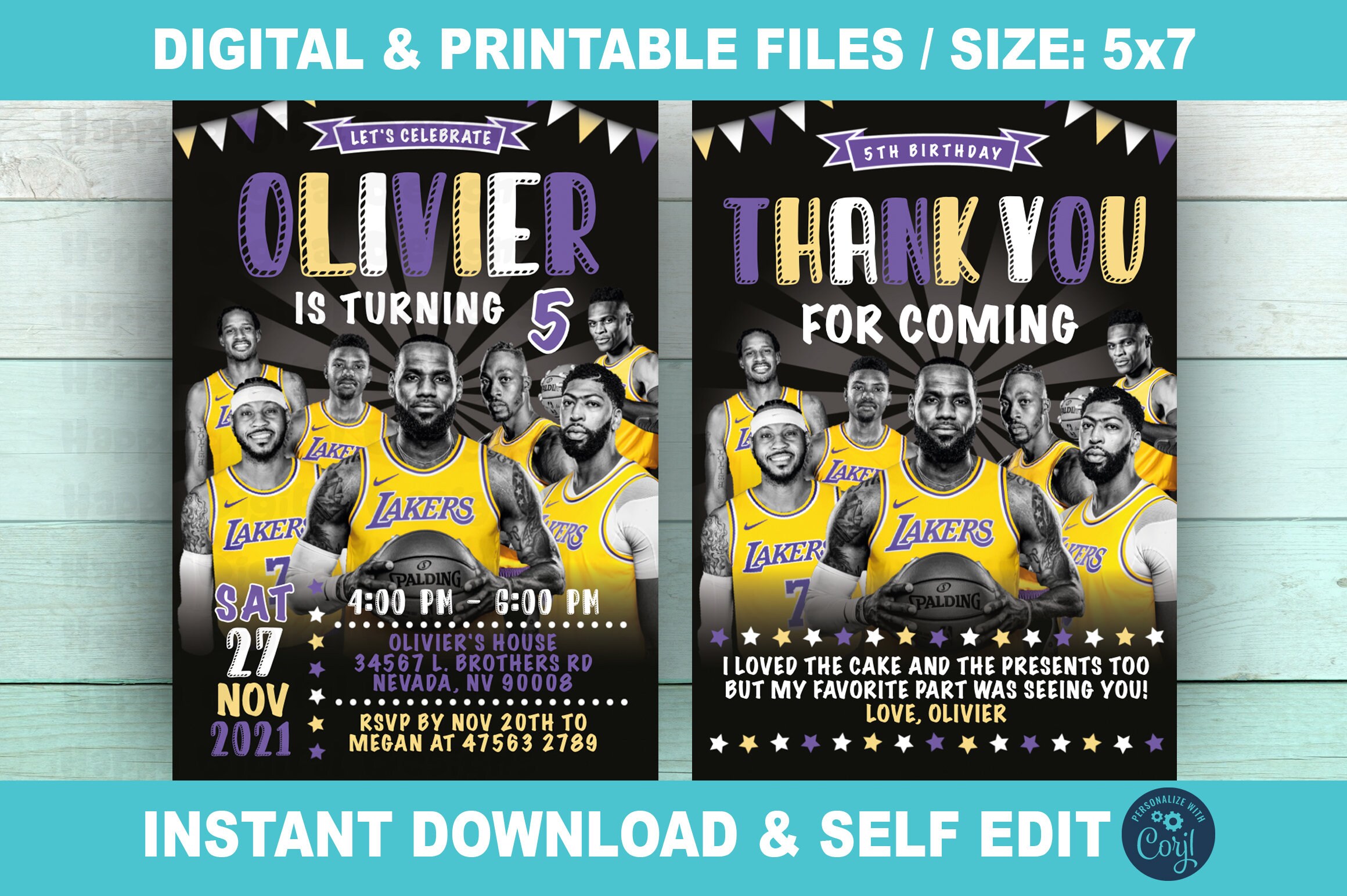Lakers Invitation for Birthday Party Los Angeles Self Edit - Etsy
