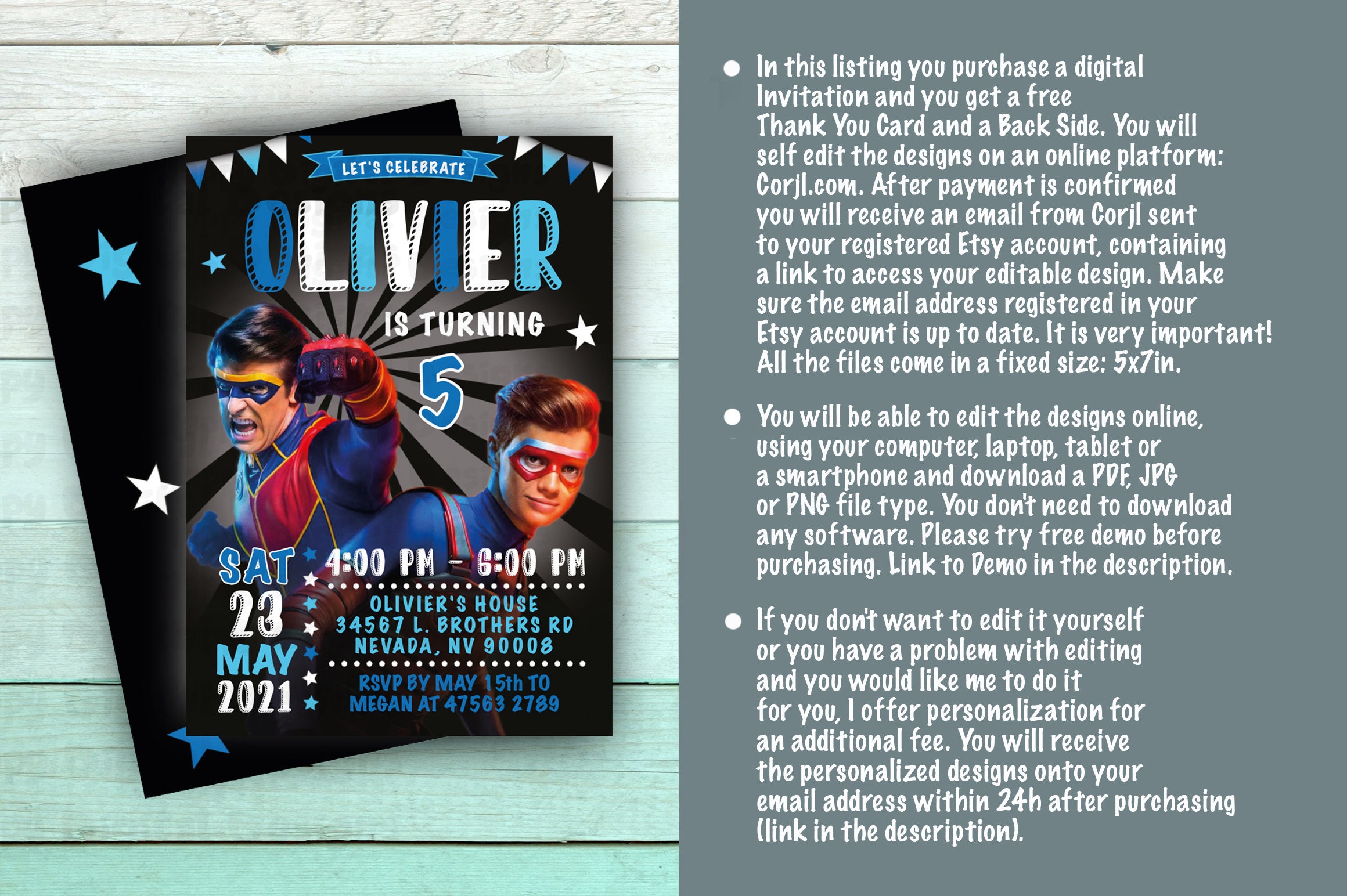 Henry Danger Invitation for Birthday Party, Self Edit Thank You Card ...