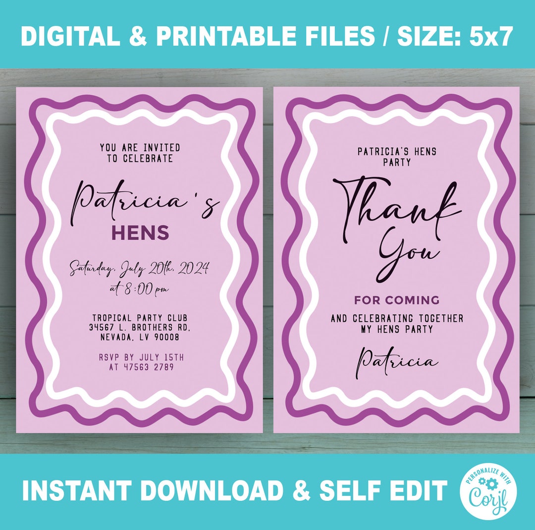 HENS Invitation for Bachelorette Party Wavy Border Hen Weekend Self ...
