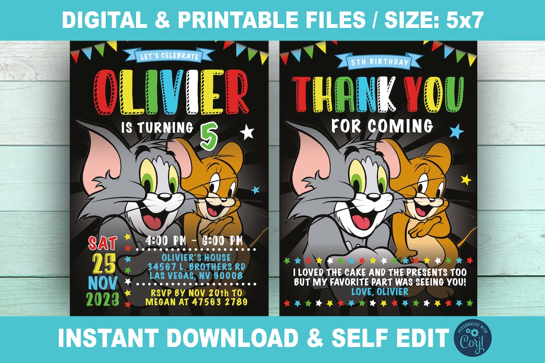 Tom and Jerry Invitation for Birthday Party, Cat and Mouse Digital ...