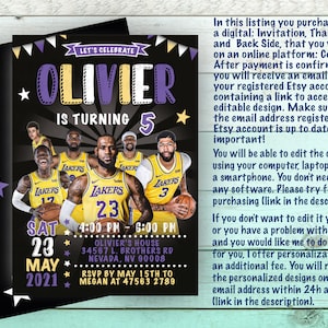 Lakers Invitation for Birthday Party Los Angeles Lakers Self | Etsy