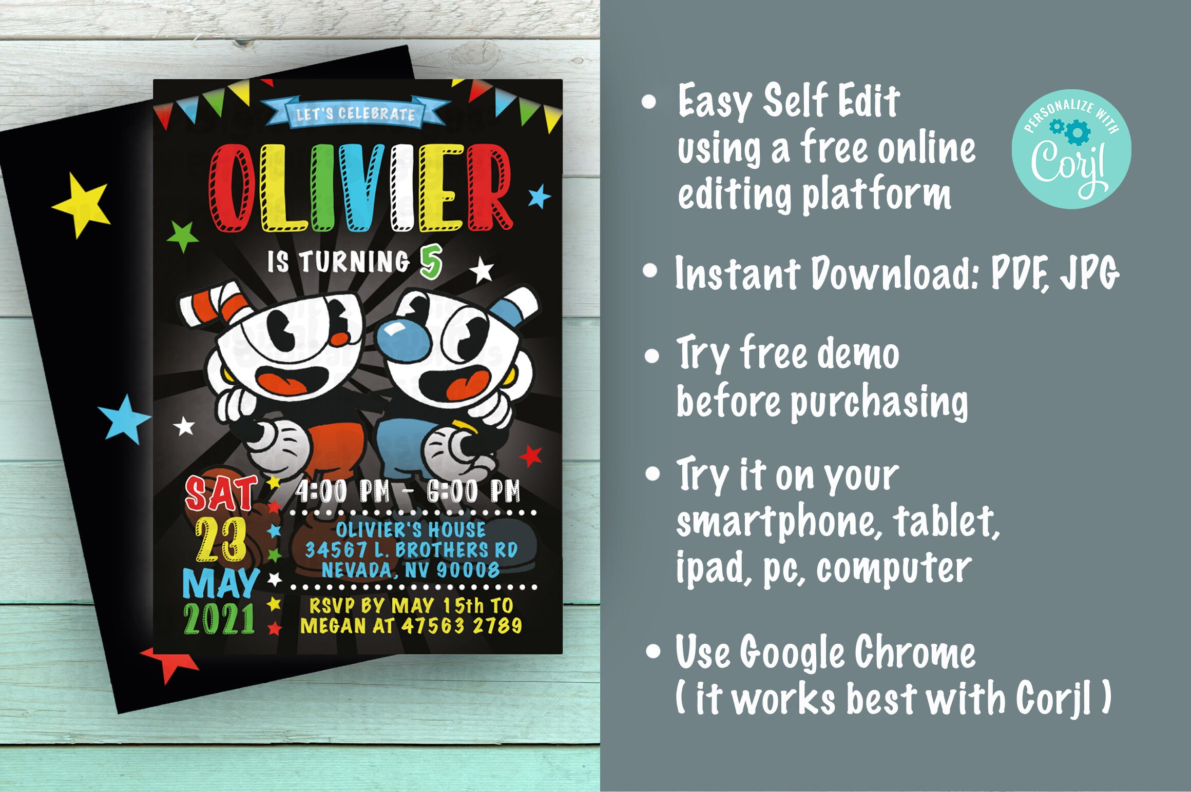 Cuphead Invitation for Birthday Party, Lucky Brothers Party Self Edit ...