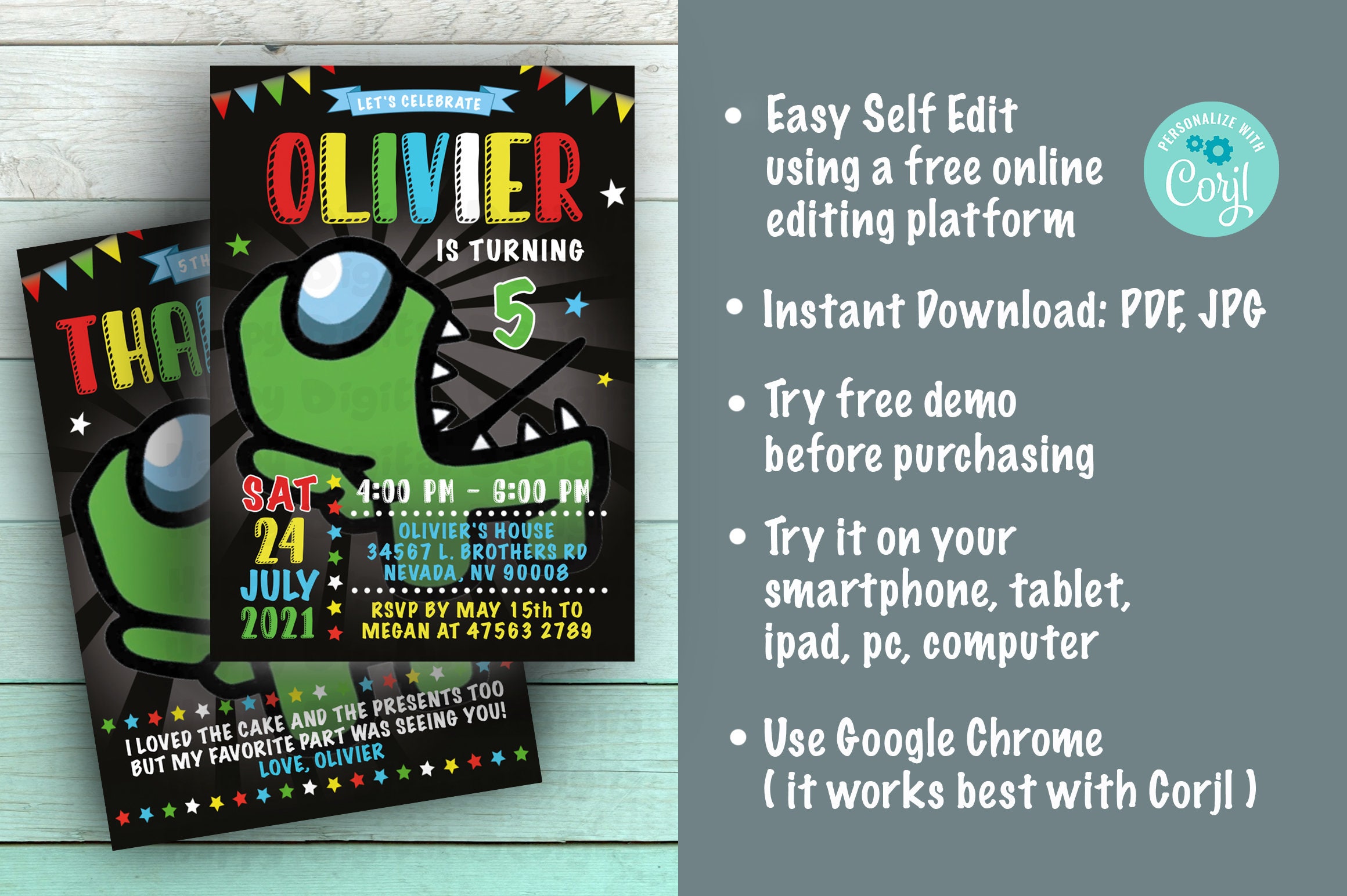 Among Us Invitation for Birthday Party, Kids Game Self Edit Template ...