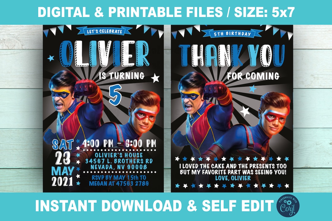 Henry Danger Invitation for Birthday Party, Self Edit Thank You Card ...