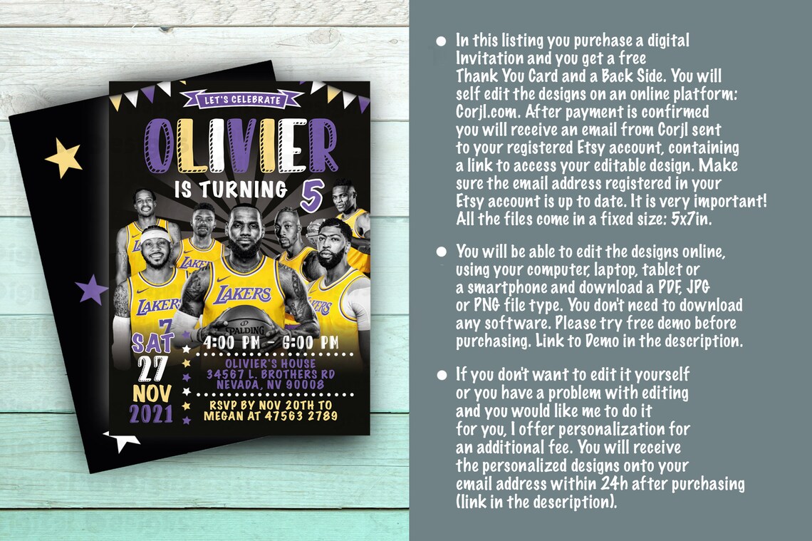 Lakers Invitation for Birthday Party Los Angeles Self Edit - Etsy