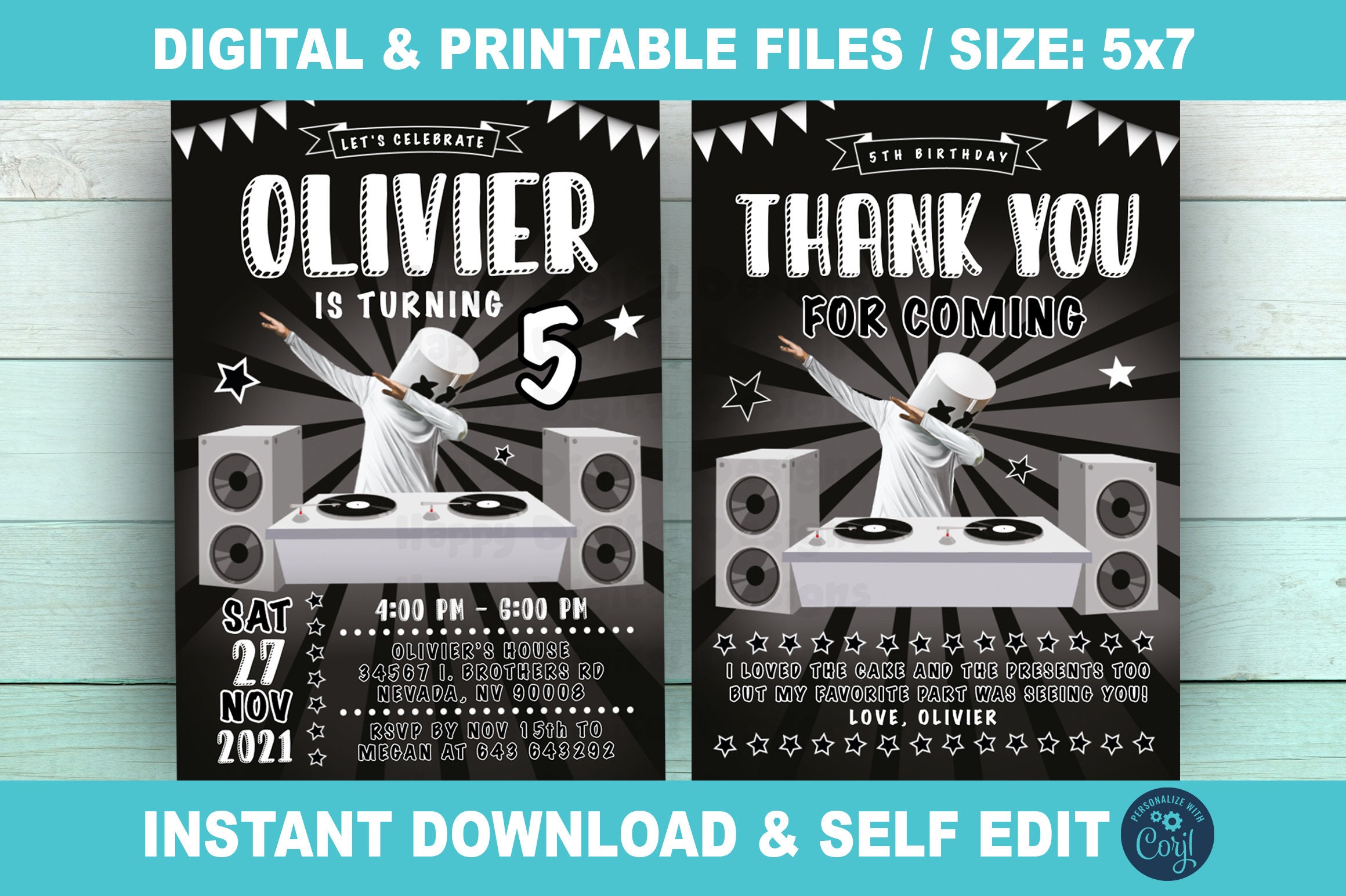 Dj Marshmello Invitation for Birthday Party Self Edit Thank - Etsy