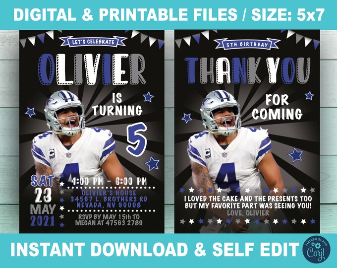 Dallas Cowboys Invitation for Birthday Party, Dak Prescott Self Edit ...