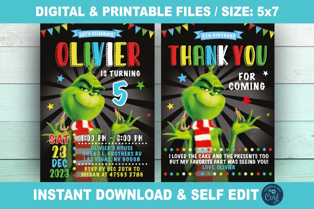 Grinch Invitation for Birthday Party, Christmas Self Edit Template ...