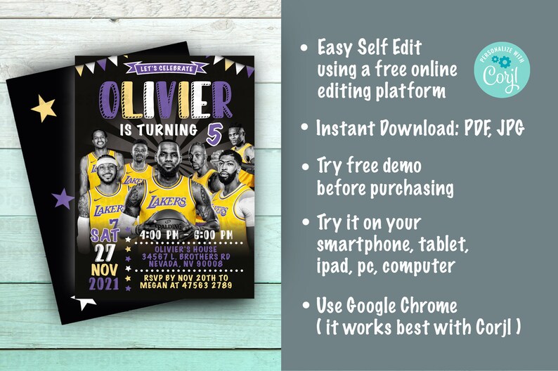 Lakers Invitation for Birthday Party Los Angeles Self Edit - Etsy