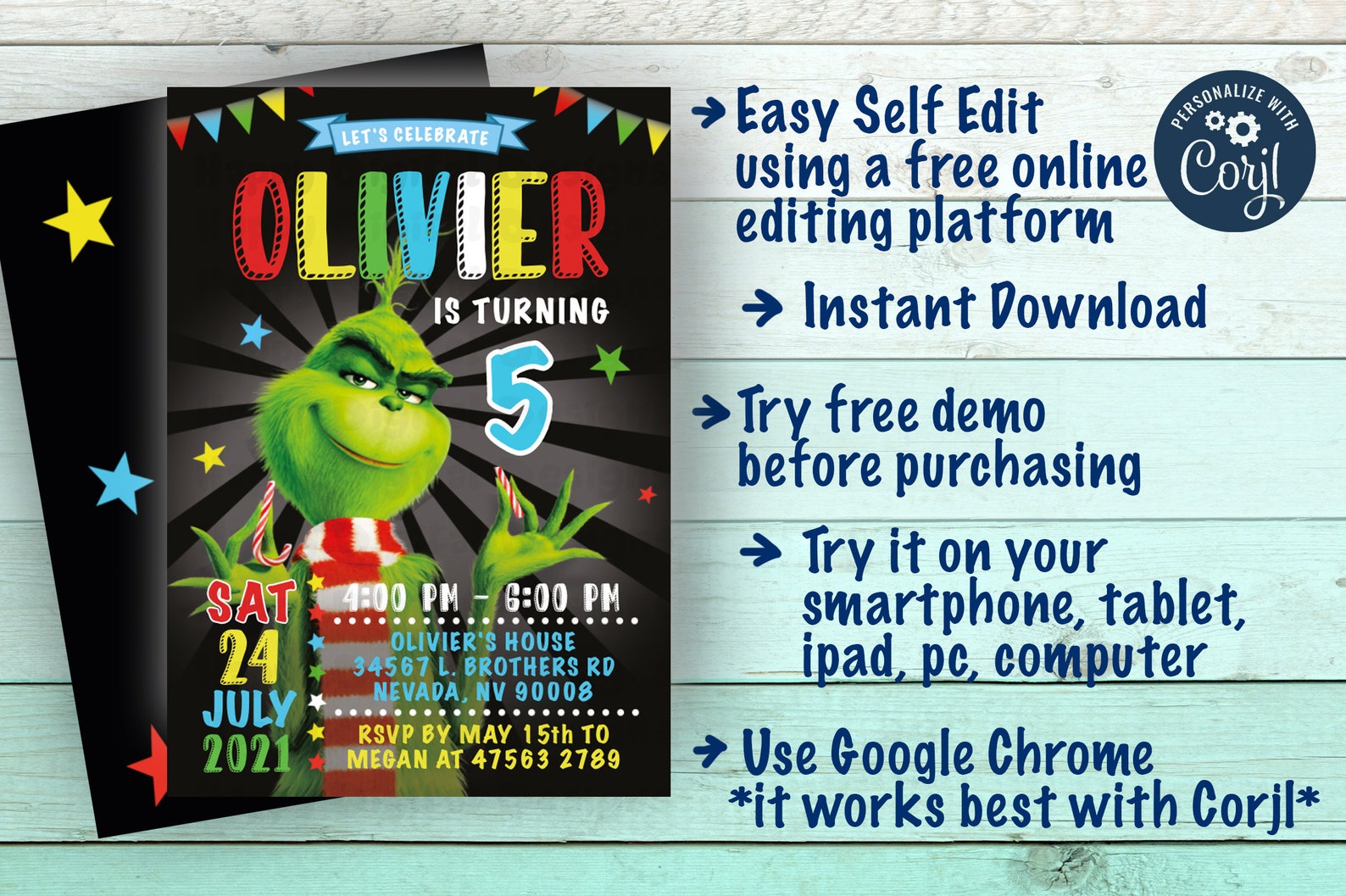 Grinch Invitation for Birthday Party Self Edit Thank You | Etsy