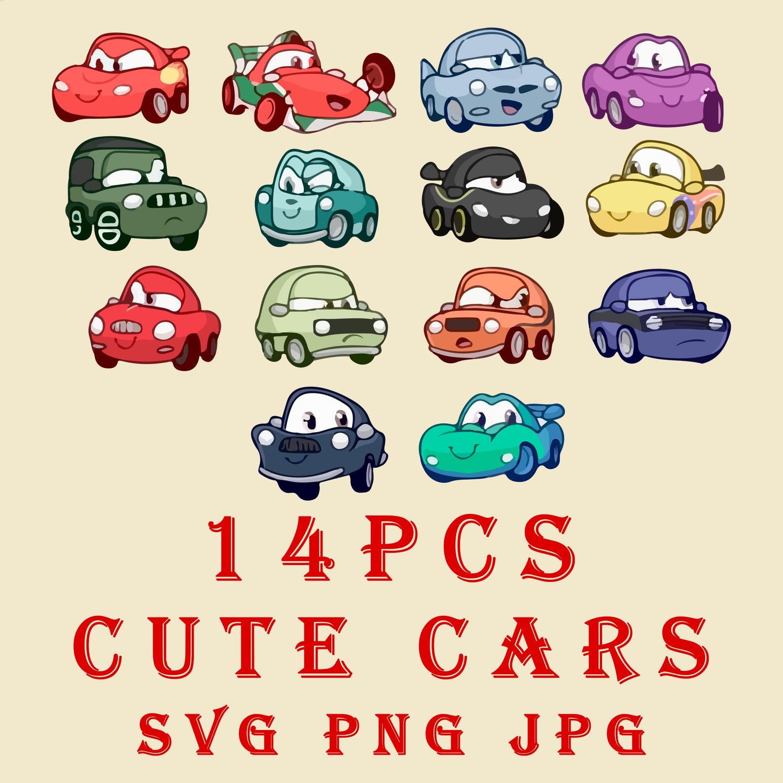 14PCS Cute Cars Clipart – Cartoon Car Stickers – SVG PNG JPG – Digital ...