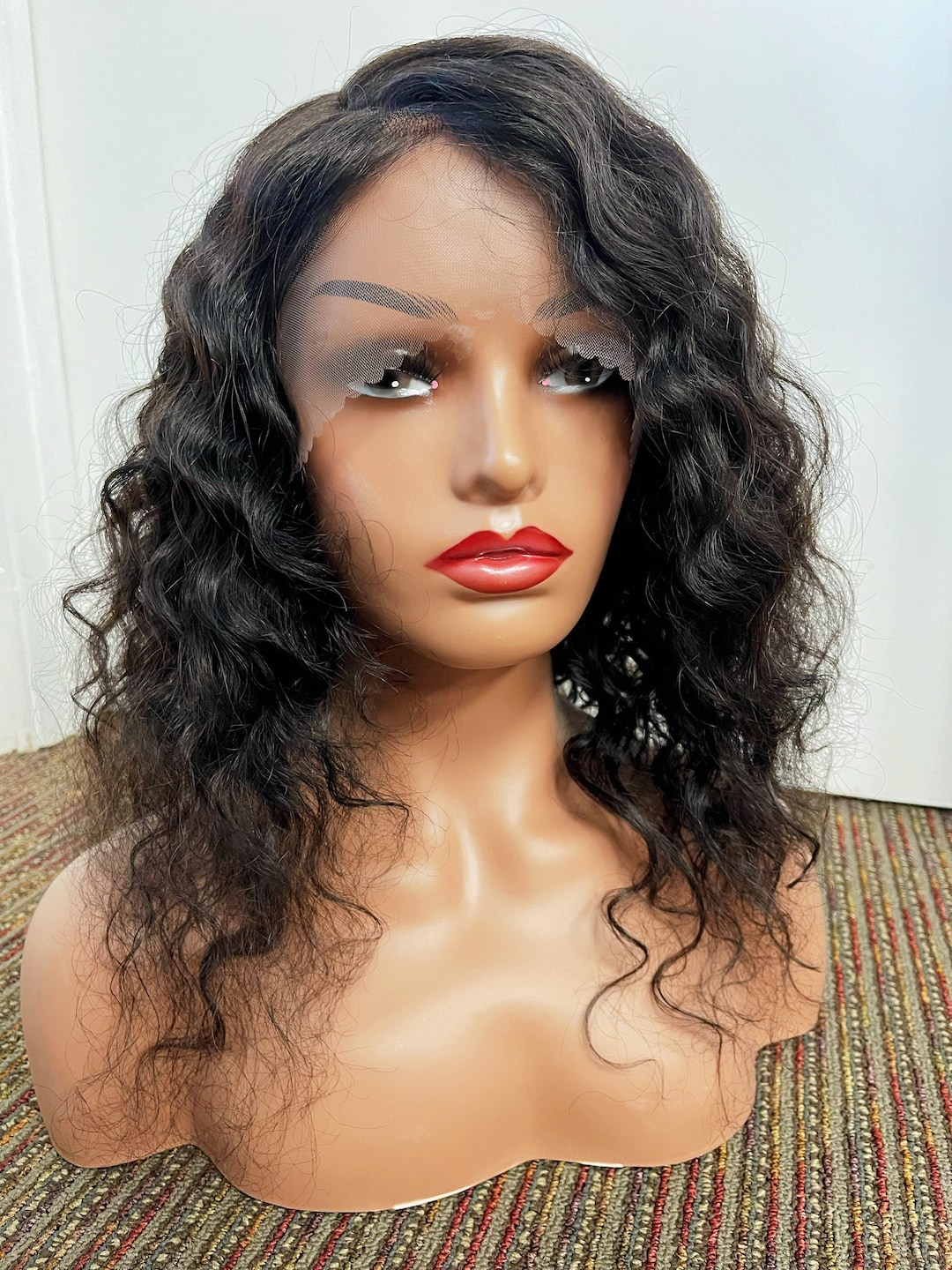 18inch Human Hair Lace Front Wig, Wavy Curly Hair Style, Side Part Wig ...