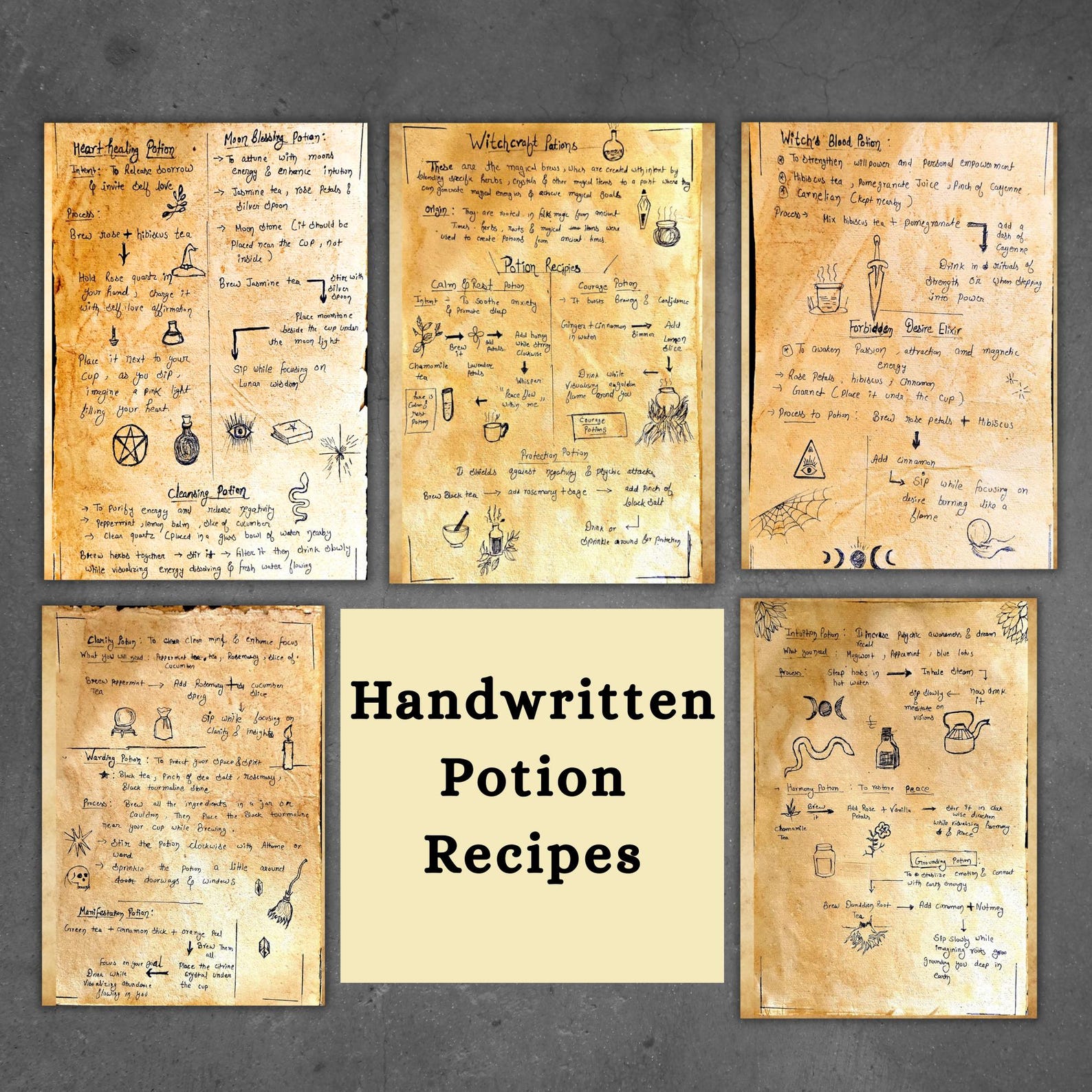 Handwritten Potions Recipes, Grimoire Pages, Printable Potions ...