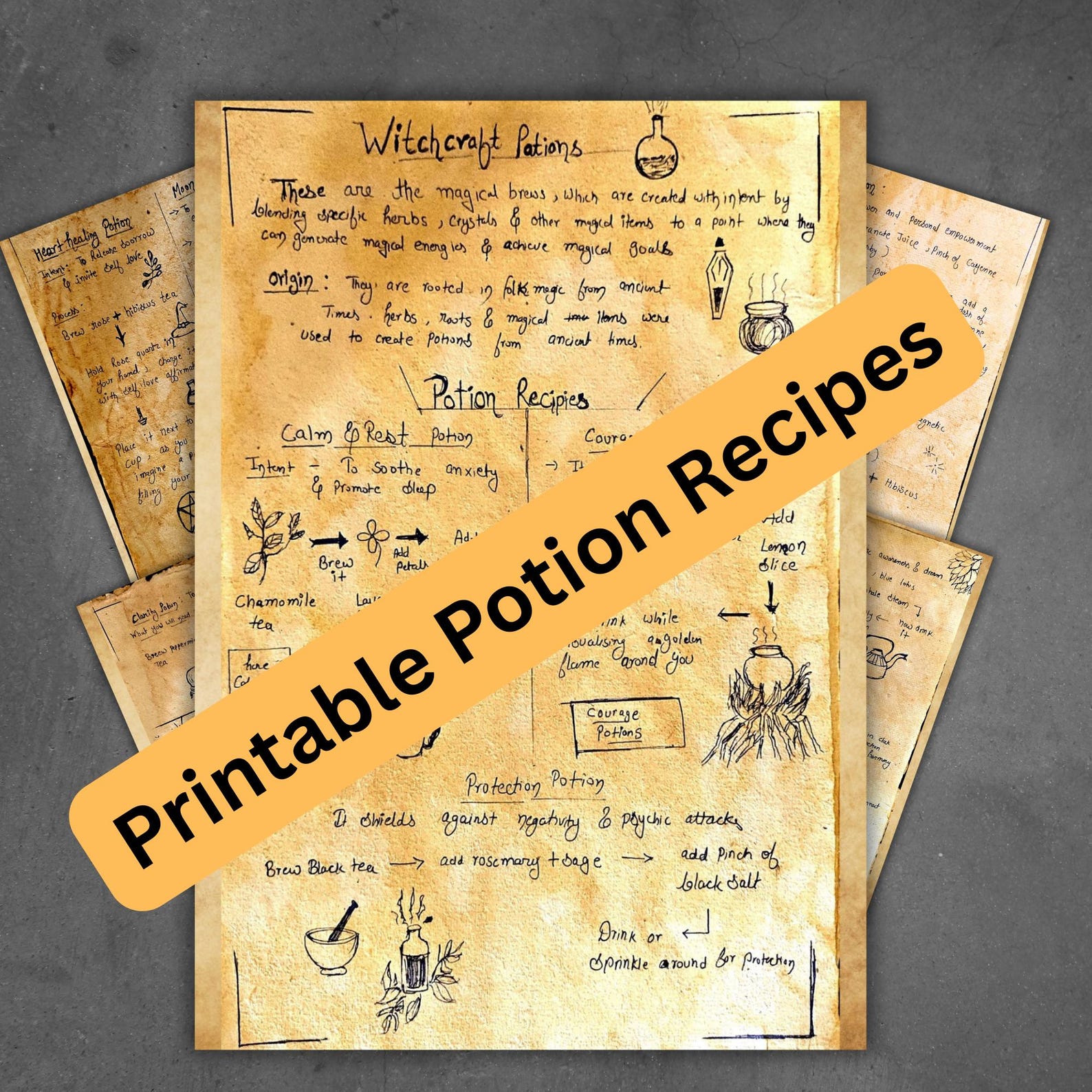 Handwritten Potions Recipes, Grimoire Pages, Printable Potions ...