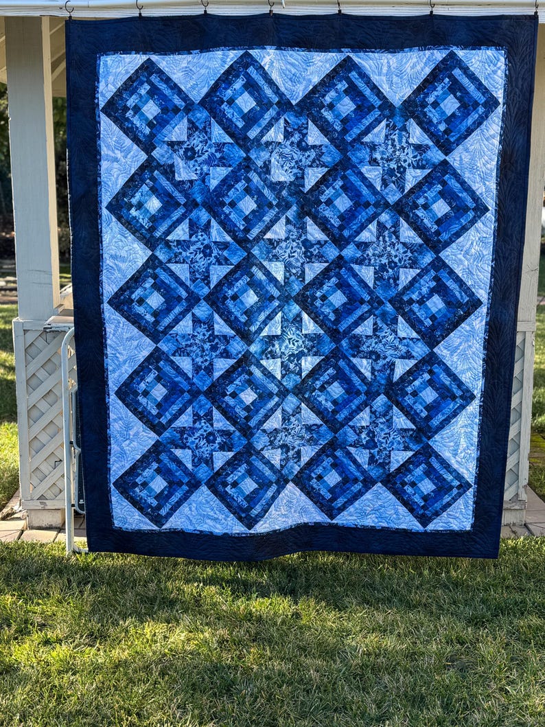 Handmade Blue Geometric Quilt: Floral Fern Backing, Cozy Throw - Etsy