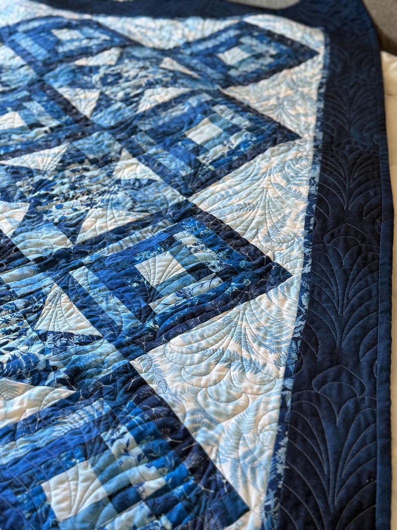 Handmade Blue Geometric Quilt: Floral Fern Backing, Cozy Throw - Etsy