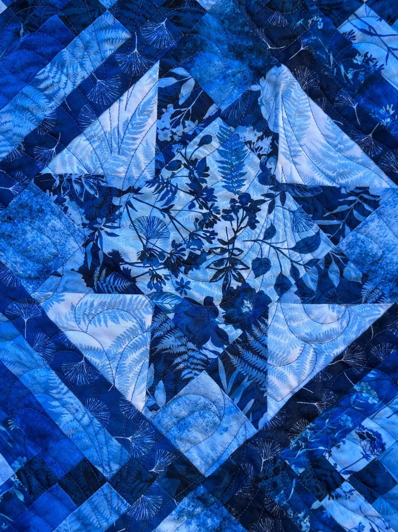 Handmade Blue Geometric Quilt: Floral Fern Backing, Cozy Throw - Etsy