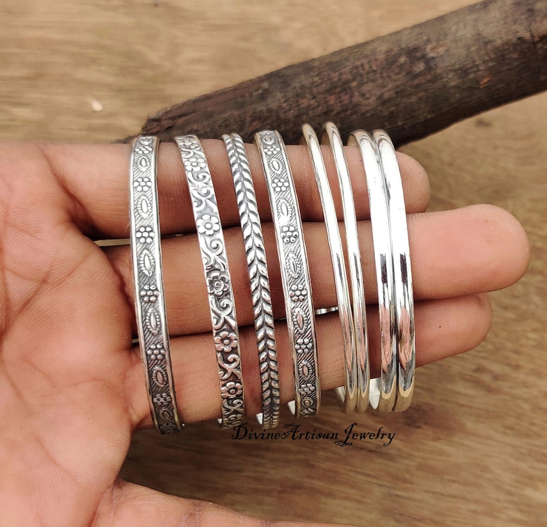 Handmade 925 Silver Bangles, Set of 7 Bangles, Stacking Bangles, Silver ...