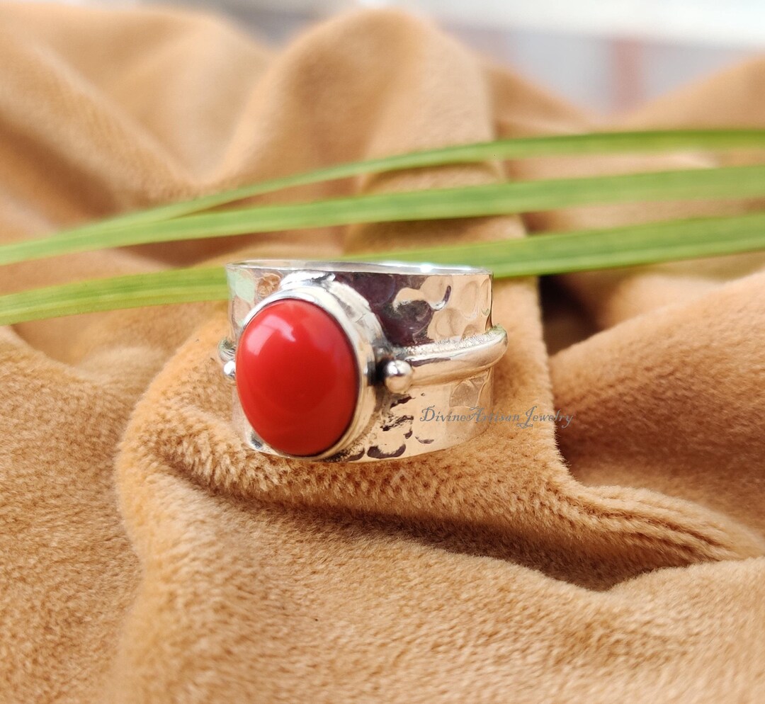 Red Coral Ring, Gemstone Ring, Designer Ring, Oval Shape Ring ...