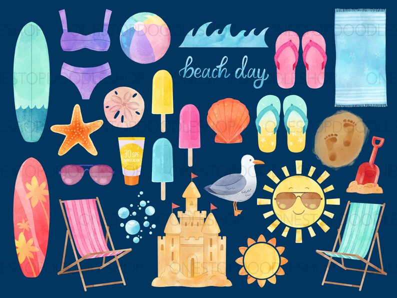 Beach Watercolor Clipart, Summer Clip Art - Etsy