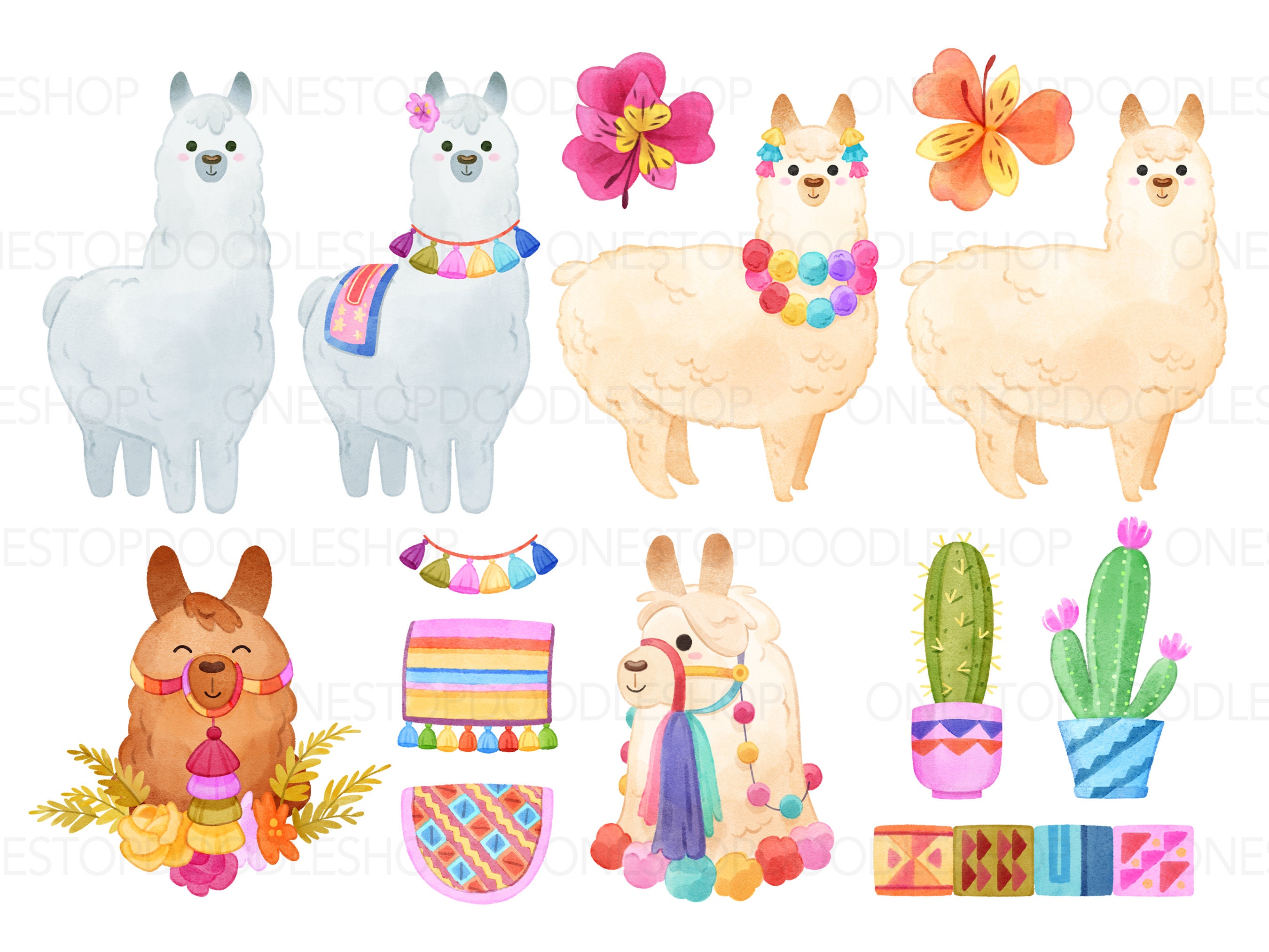 Llama Watercolor Clipart, Alpaca Clipart, Decorated Llama Digital ...