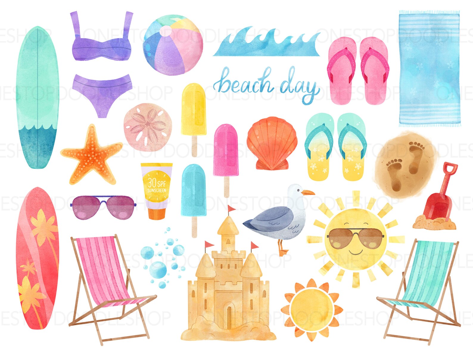 Beach Watercolor Clipart, Summer Clip Art - Etsy