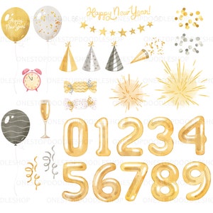 New Year's Watercolor Clipart, New Year's Eve, Gold and Silver Party ...