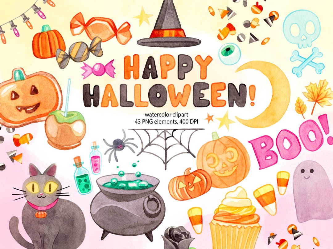 Halloween Watercolor Clip Art, Spooky Clipart, Cute Fall Pumpkin Hand ...
