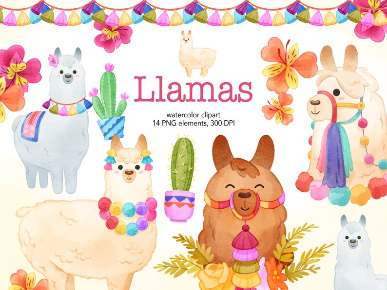 Llama Watercolor Clipart, Alpaca Clipart, Decorated Llama Digital ...