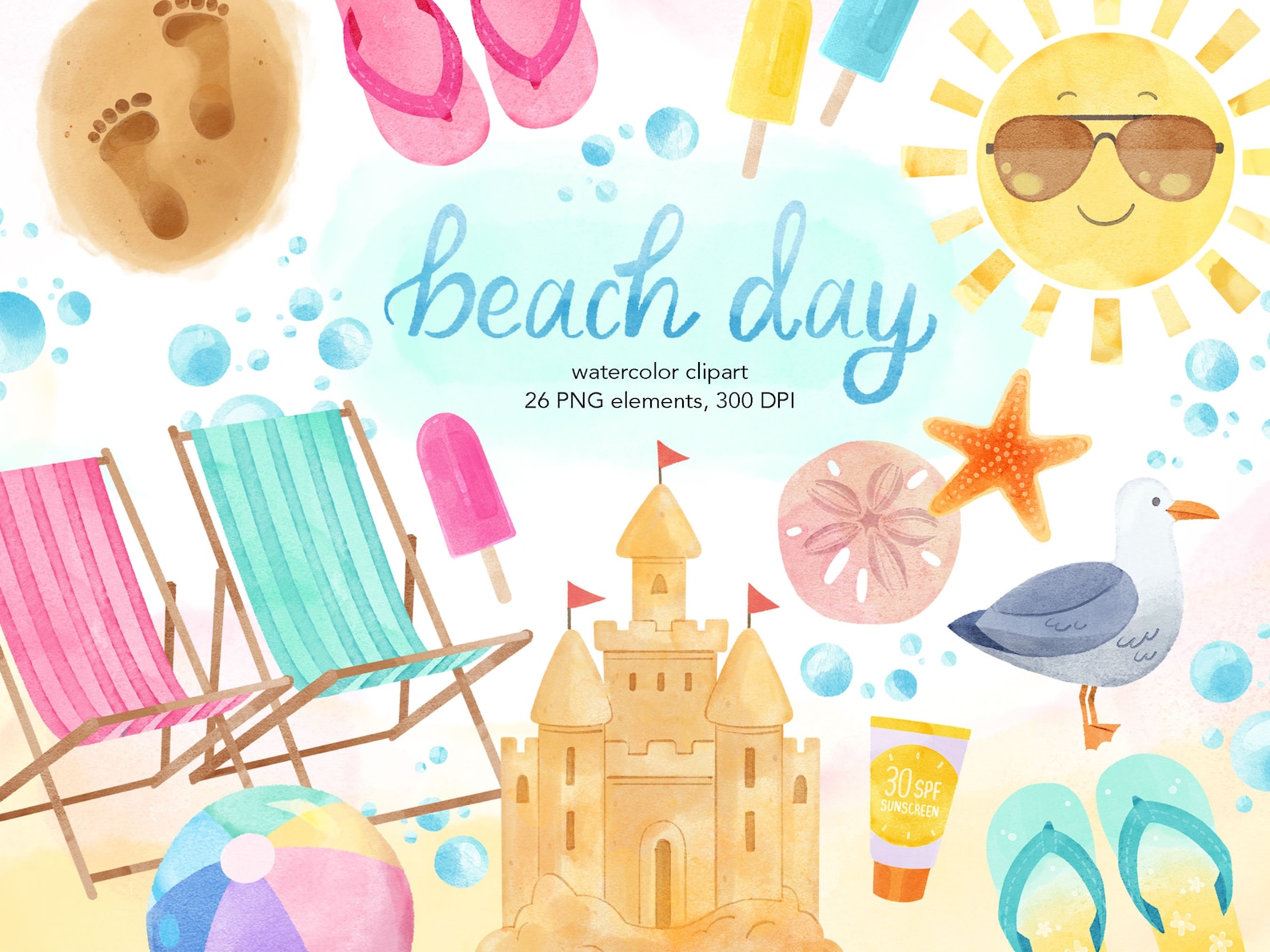 Beach Watercolor Clipart, Summer Clip Art - Etsy
