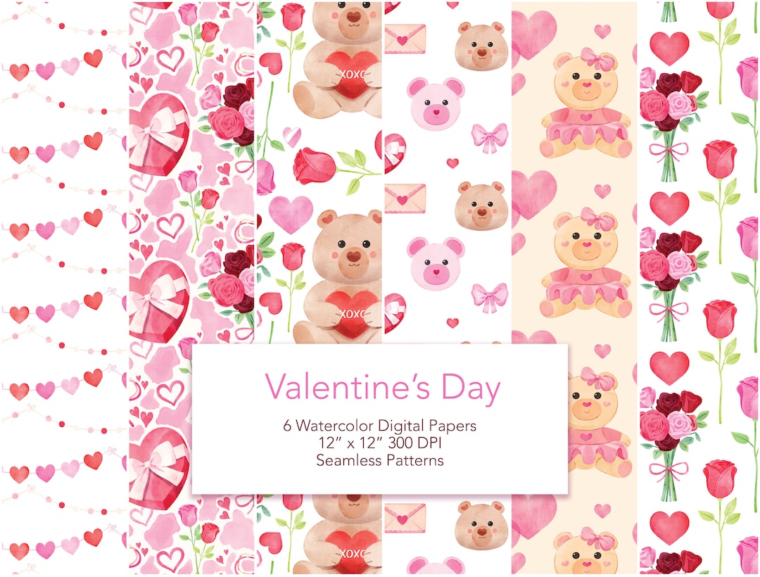 Valentine's Digital Paper, Watercolor Digital Paper, Pink Teddy Bear ...