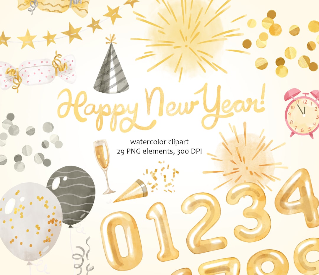 New Year's Watercolor Clipart, New Year's Eve, Gold and Silver Party ...