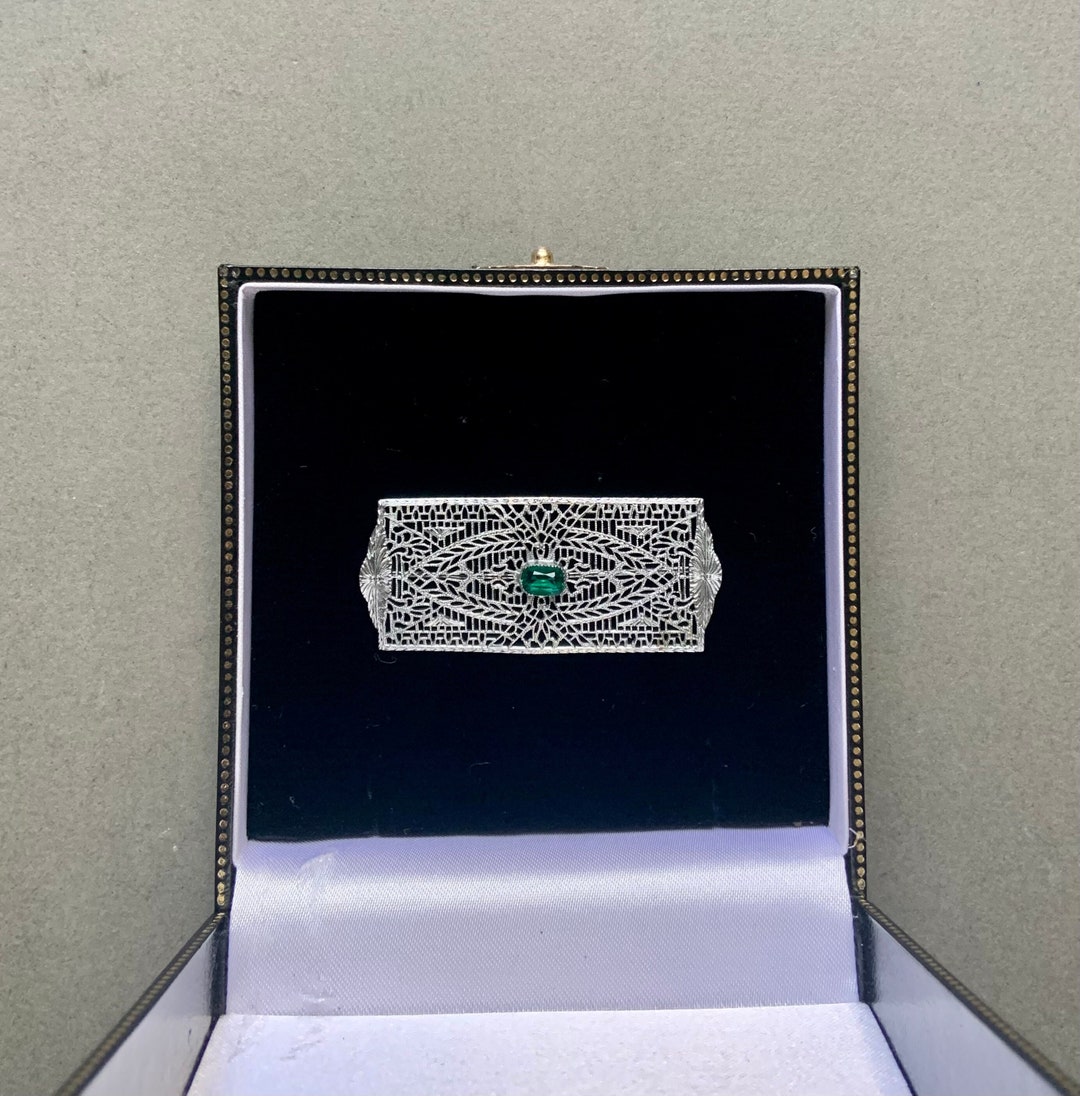 Steel and Emerald Colored Glass Intricate Filigree Rectangle Brooch - Etsy