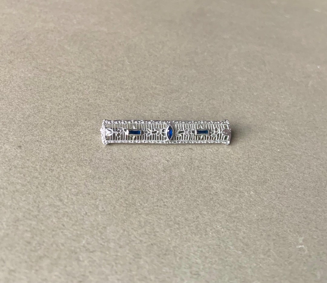 Steel & Blue Glass Filigree Rectangle Brooch - Etsy