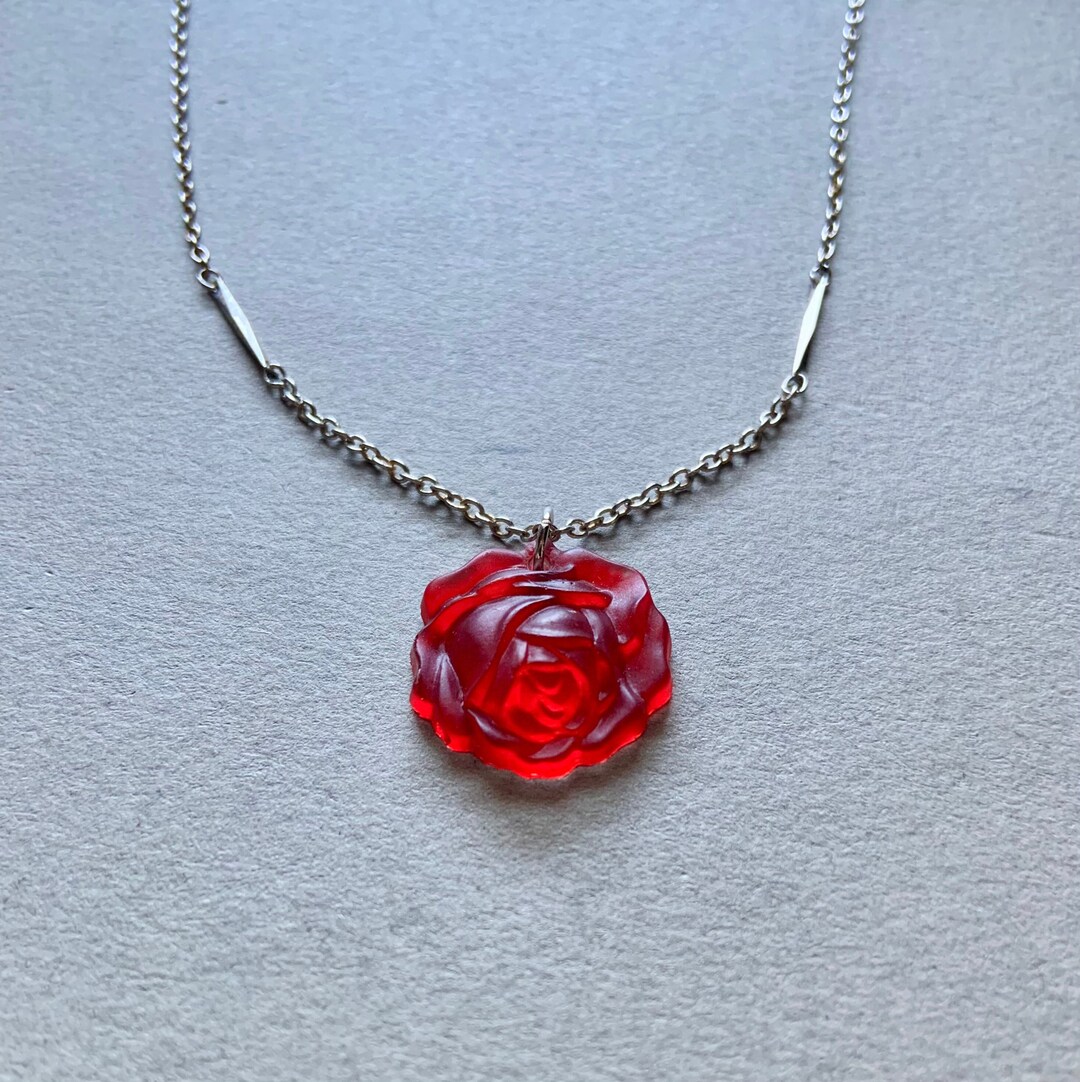Red Rose & Silver Plate Pendant Necklace - Etsy