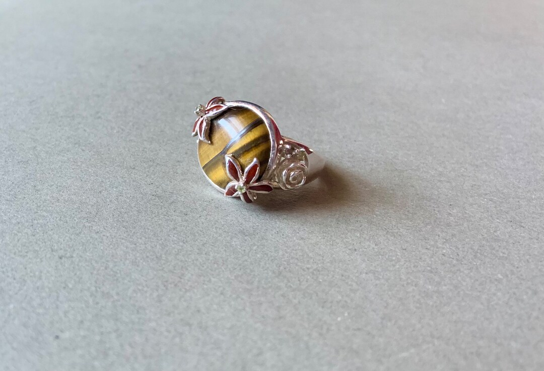 Château D’argent Tigers Eye & Red Enamel Sterling Silver Flower Statement Ring Size 8 - Etsy
