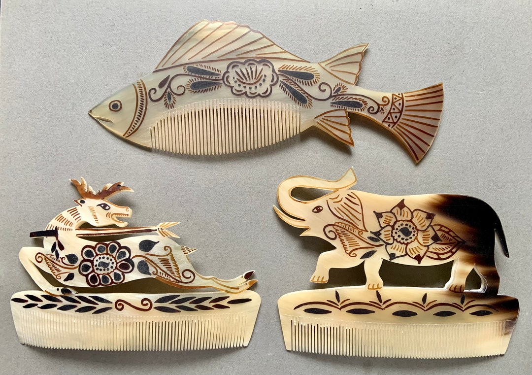 3 Hand Carved Horn Animal Combs- Fish, Elephant, and Deer - Etsy
