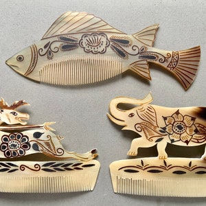 3 Hand Carved Horn Animal Combs- Fish, Elephant, and Deer - Etsy