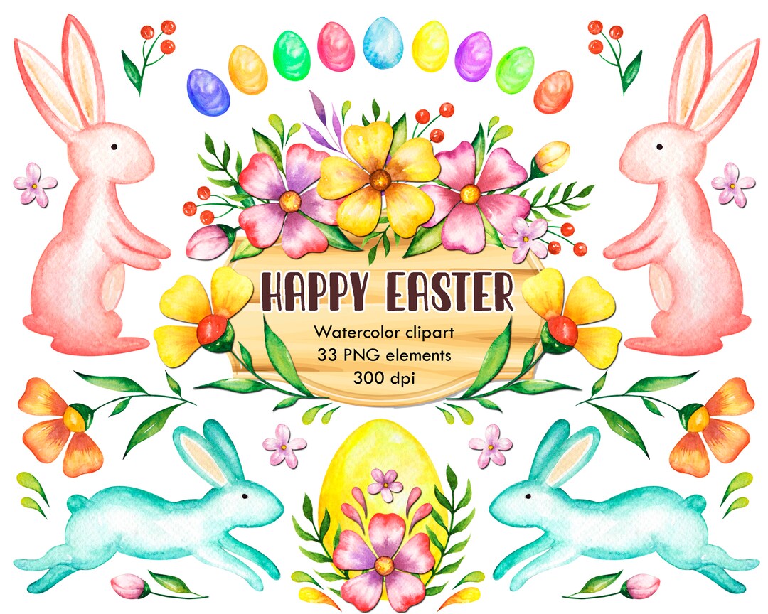 Watercolor Easter Clipart, Happy Easter Clipart, Folk Art Easter ...