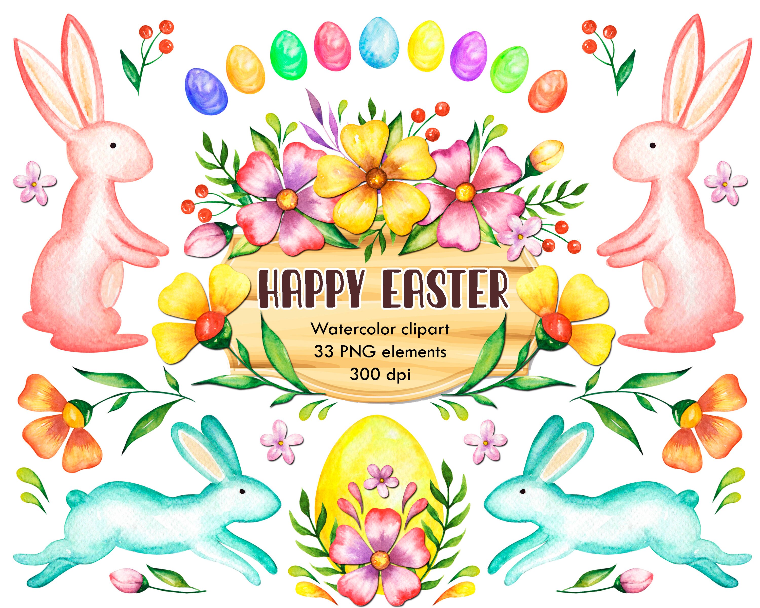 Watercolor Easter Clipart, Happy Easter Clipart, Folk Art Easter ...