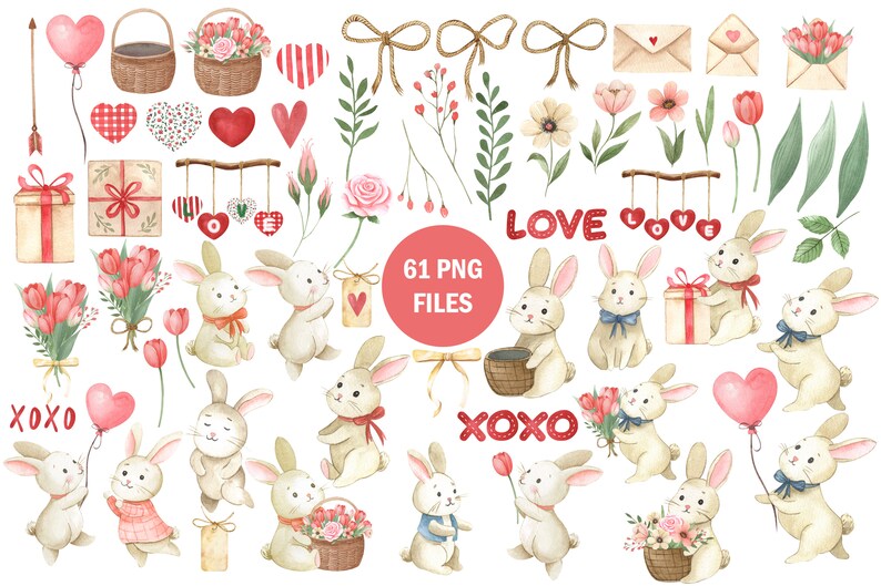 Cute Bunnies Valentine's Day Clipart, Watercolor Love Clip Art, Wedding ...