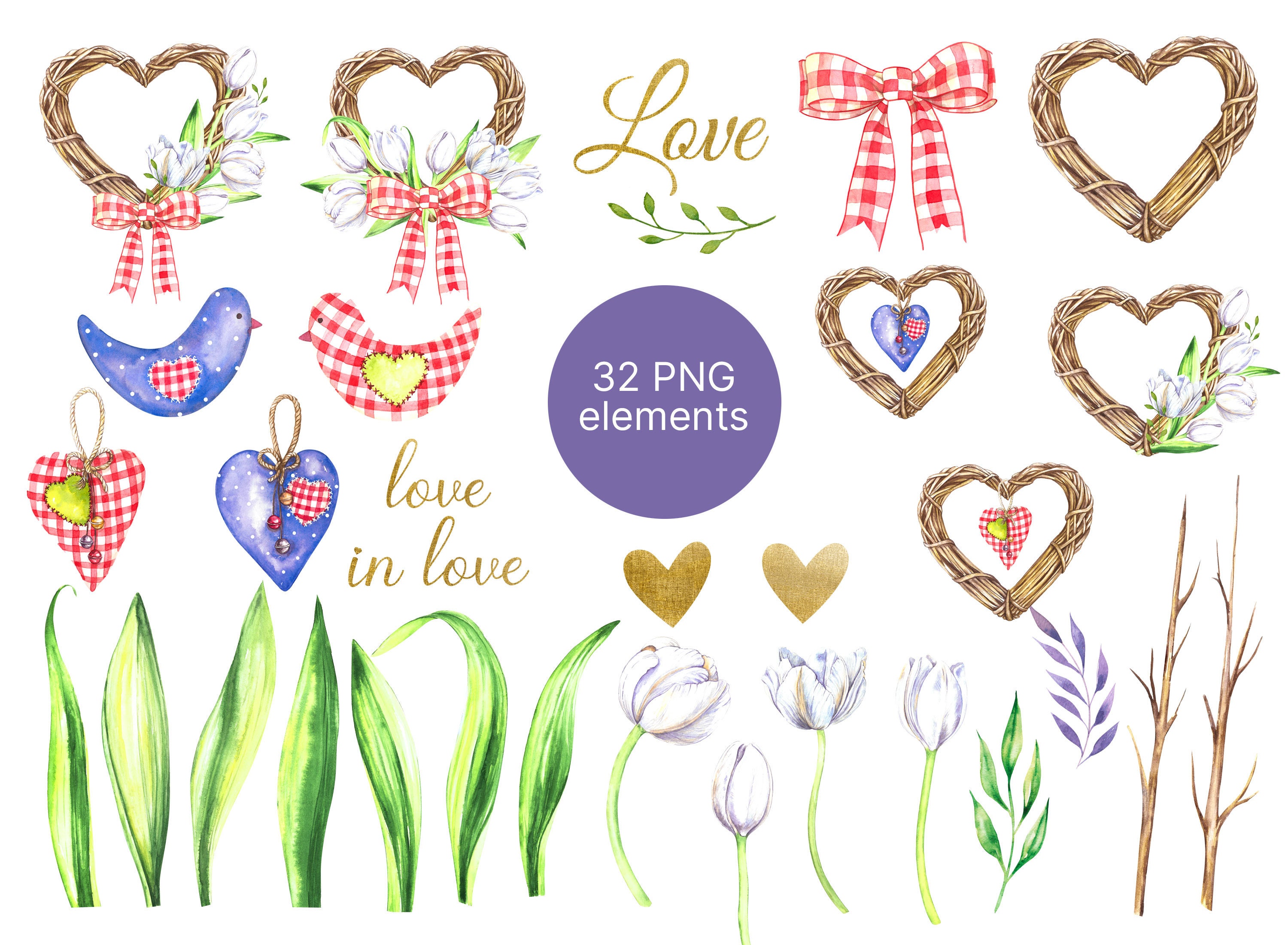 Rustic Love Clipart, Watercolor Valentine's Day Clipart, Wooden Wreath ...