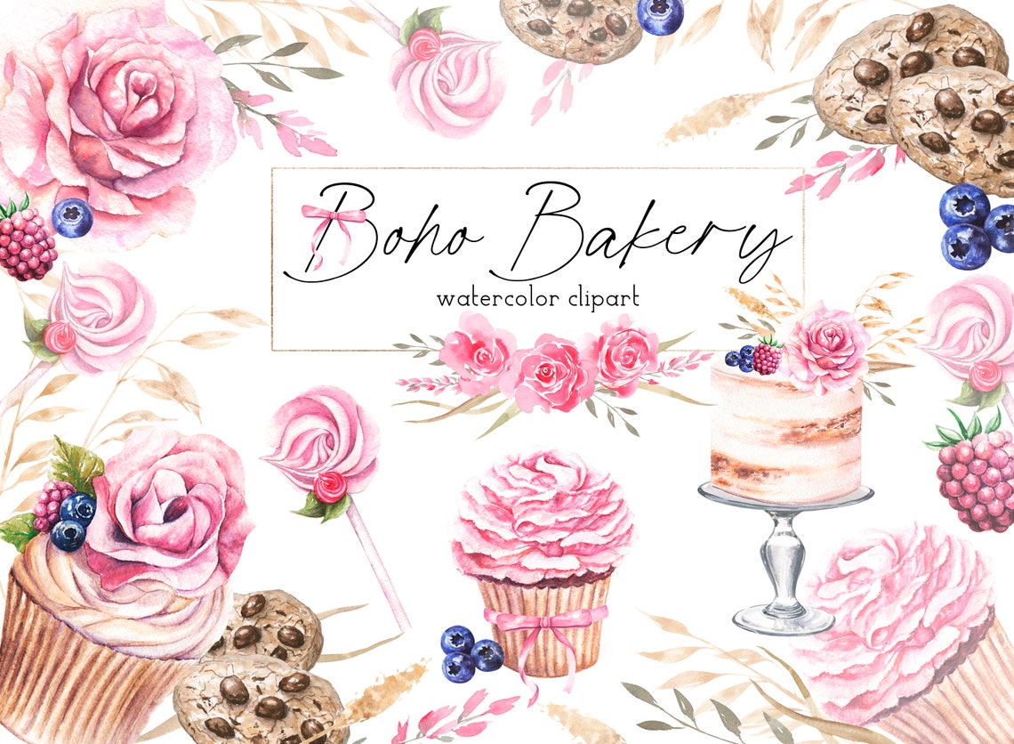 Boho Bakery Watercolor Clipart Bakery Handpainted Clipart - Etsy