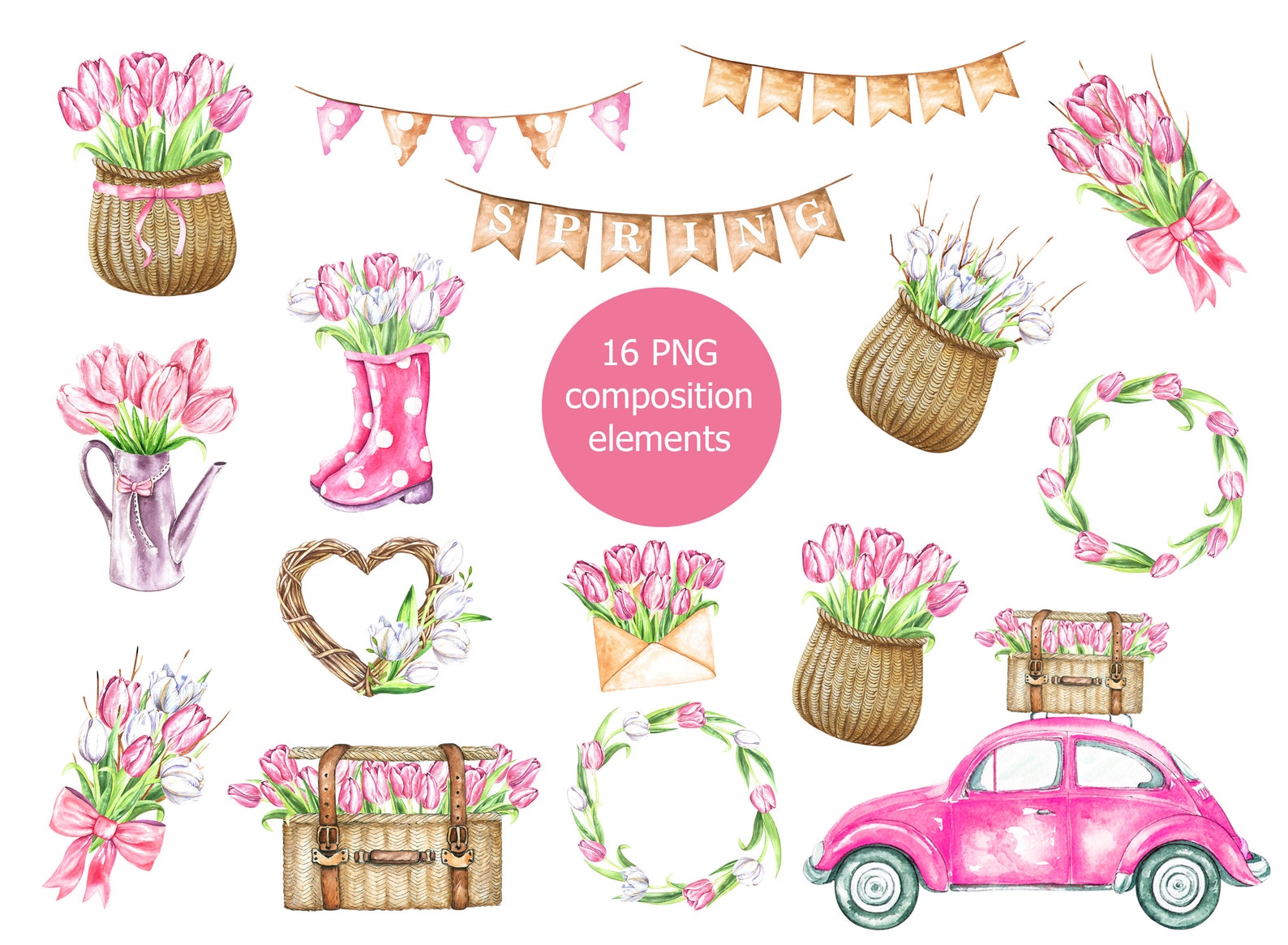 Rustic Spring Watercolor Clipart, Tulips Floral Clipart, Spring Flowers ...