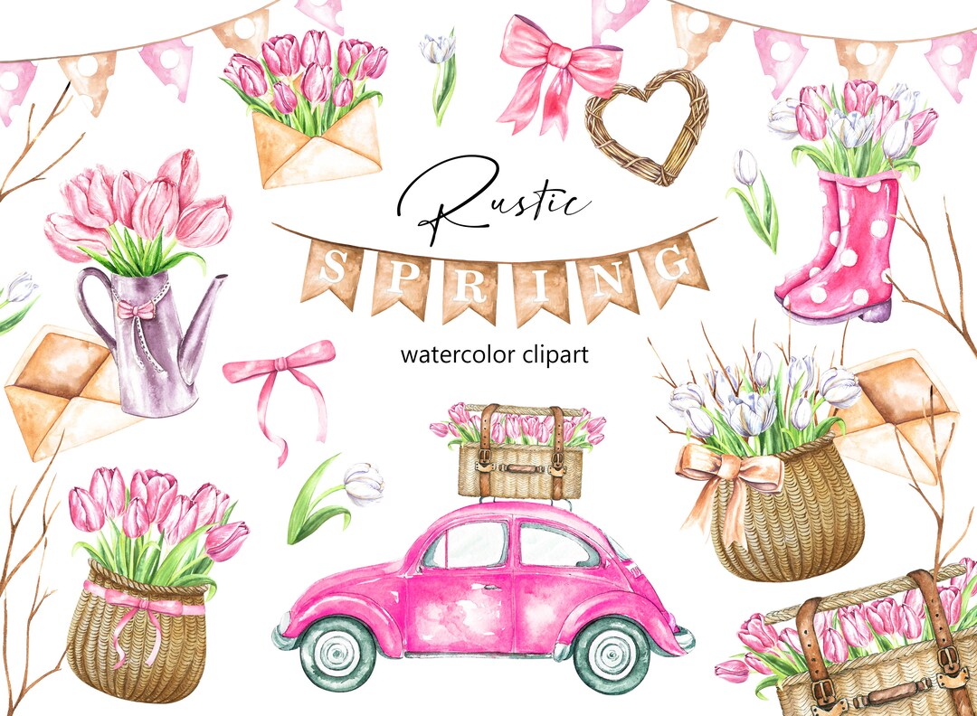 Rustic Spring Watercolor Clipart, Tulips Floral Clipart, Spring Flowers ...