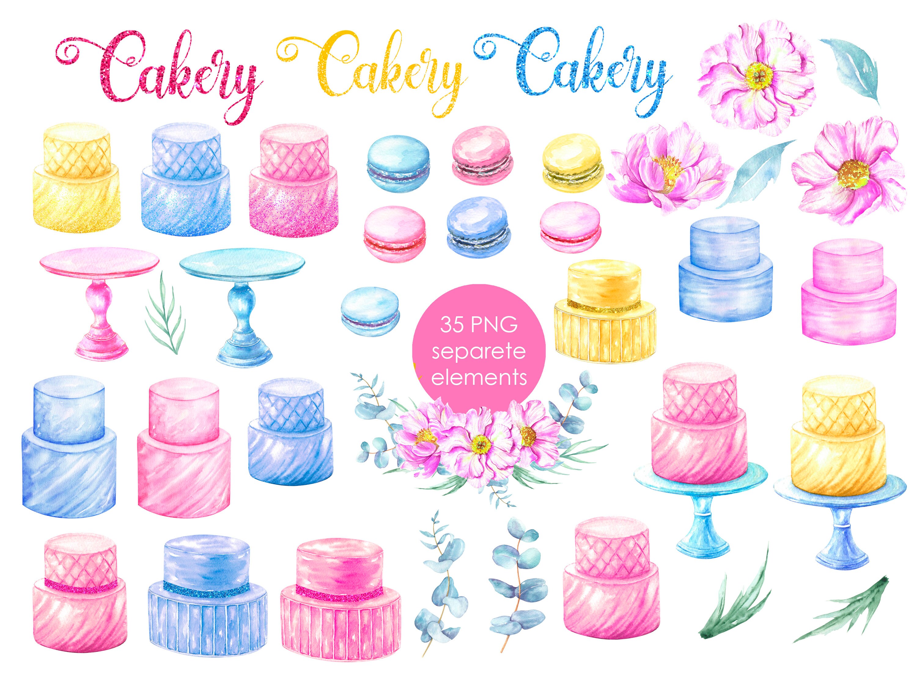 Magic Cakery Watercolor Clipart, Pink and Blue Bakery Clipart, Wedding ...