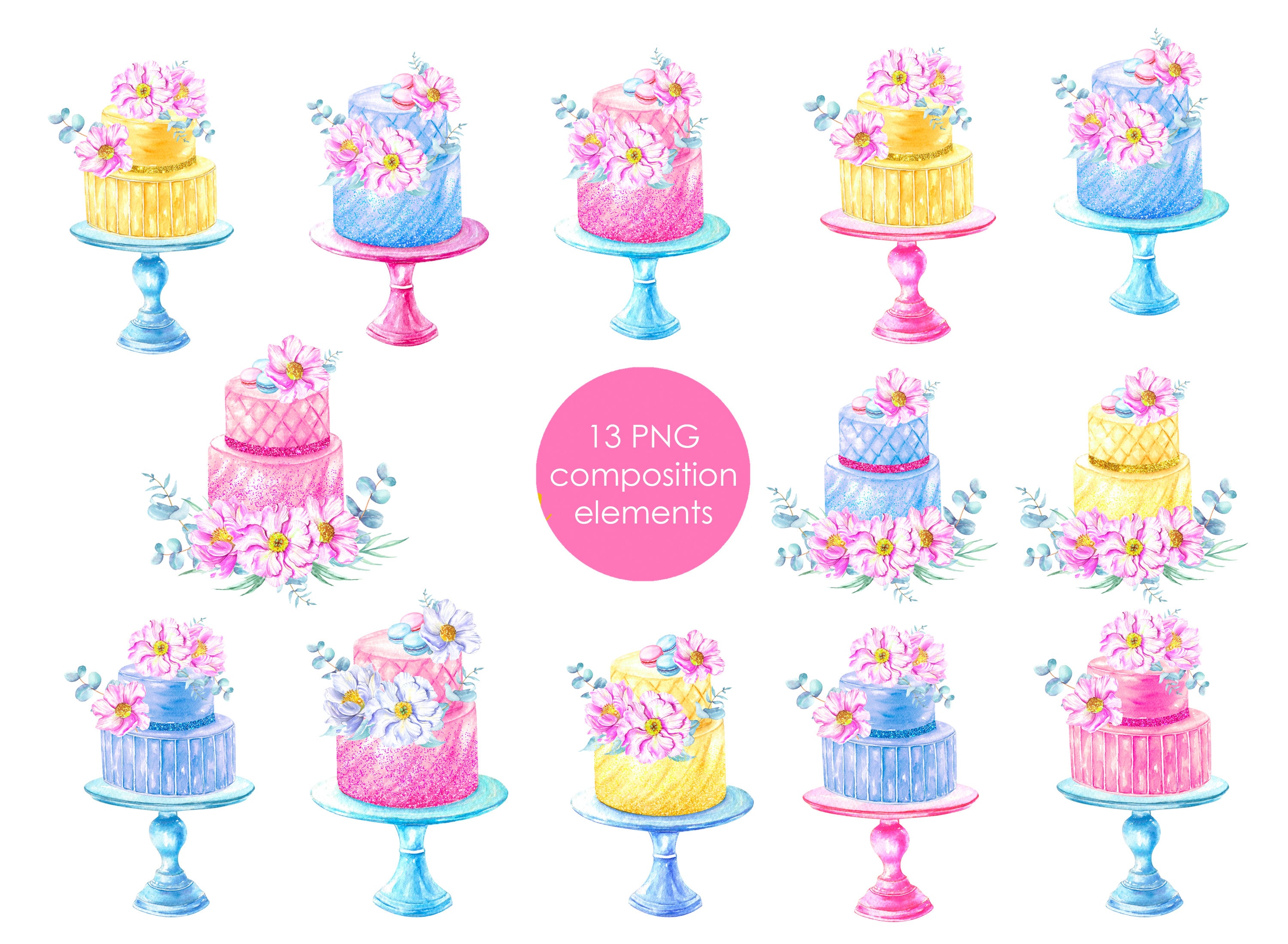 Magic Cakery Watercolor Clipart, Pink and Blue Bakery Clipart, Wedding ...