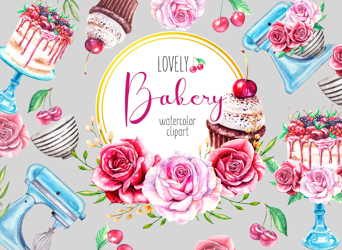 Lovely Bakery Watercolor Clipart Bakery Logo Clipart Cake - Etsy