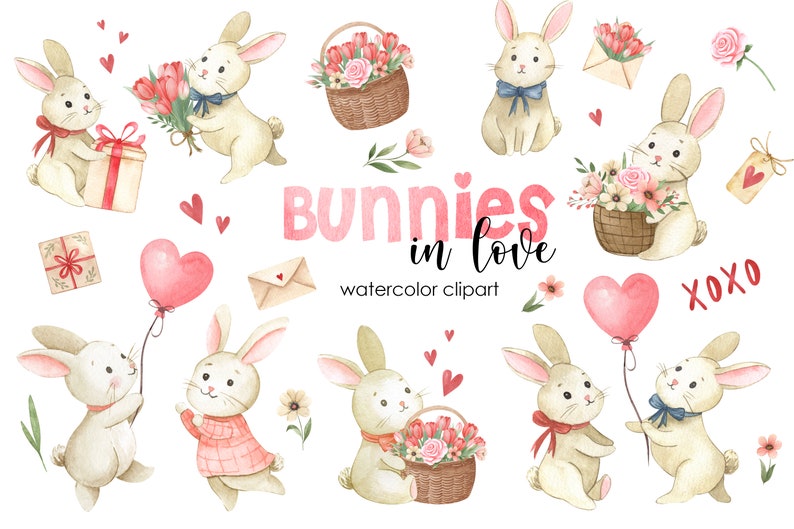 Cute Bunnies Valentine's Day Clipart, Watercolor Love Clip Art, Wedding ...